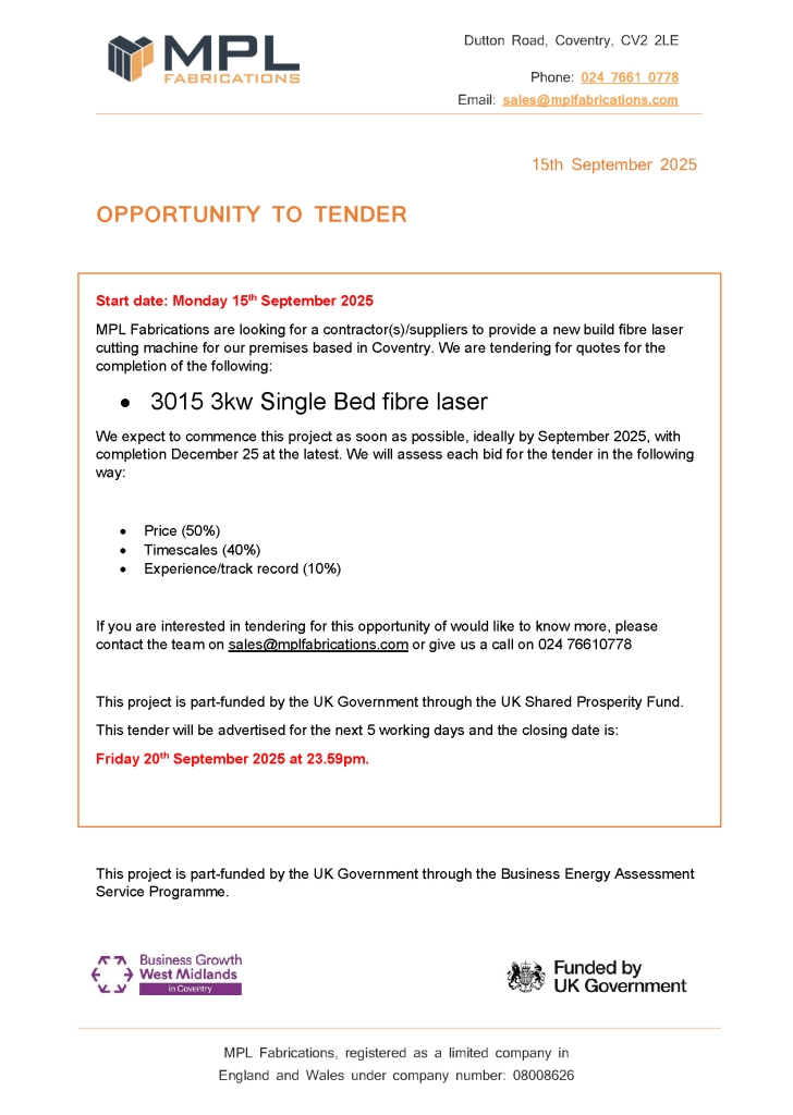 New Build Fibre Laser Cutting Machine - Invitation To Tender